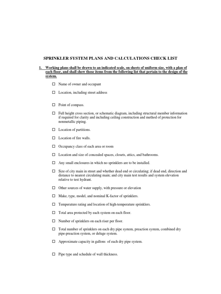 Sprinkler System Plans and Calculations Check List | PDF | Fire ...