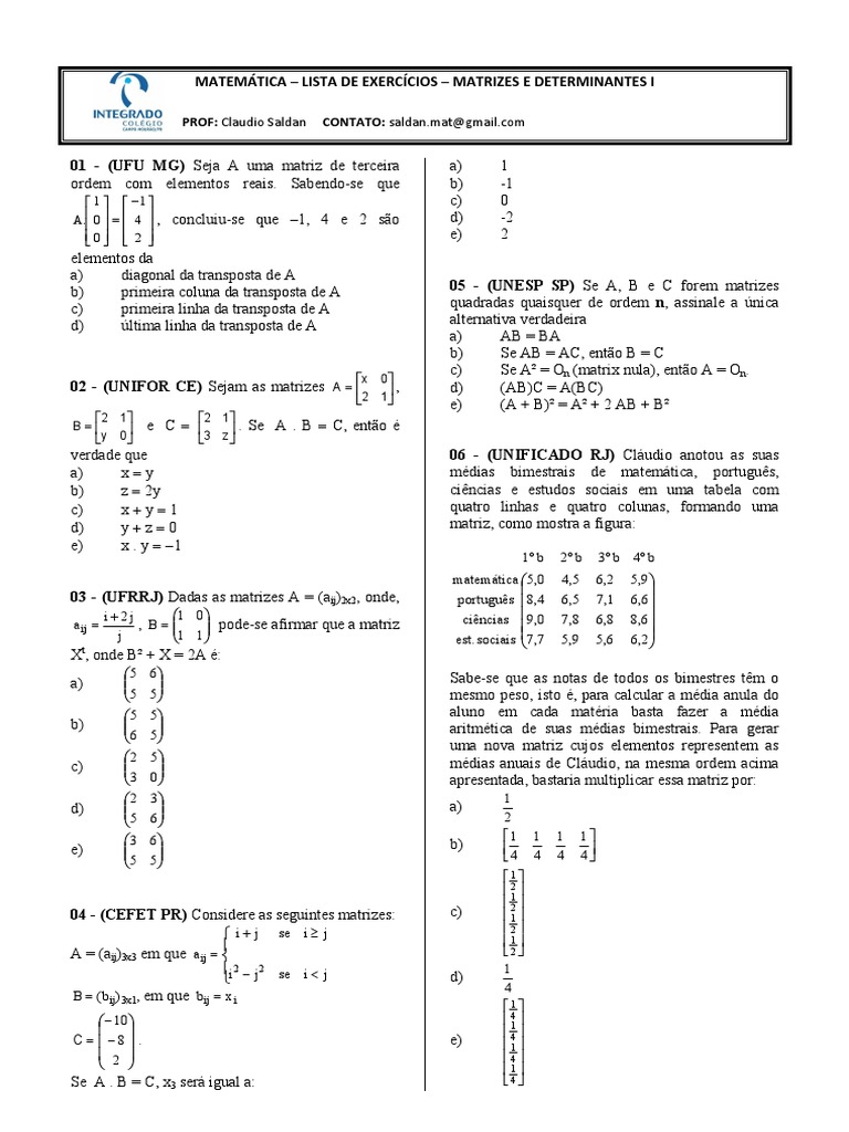 Matrizes e Determinantes - Lista I | PDF | Matriz (Matemática) | Teoria ...
