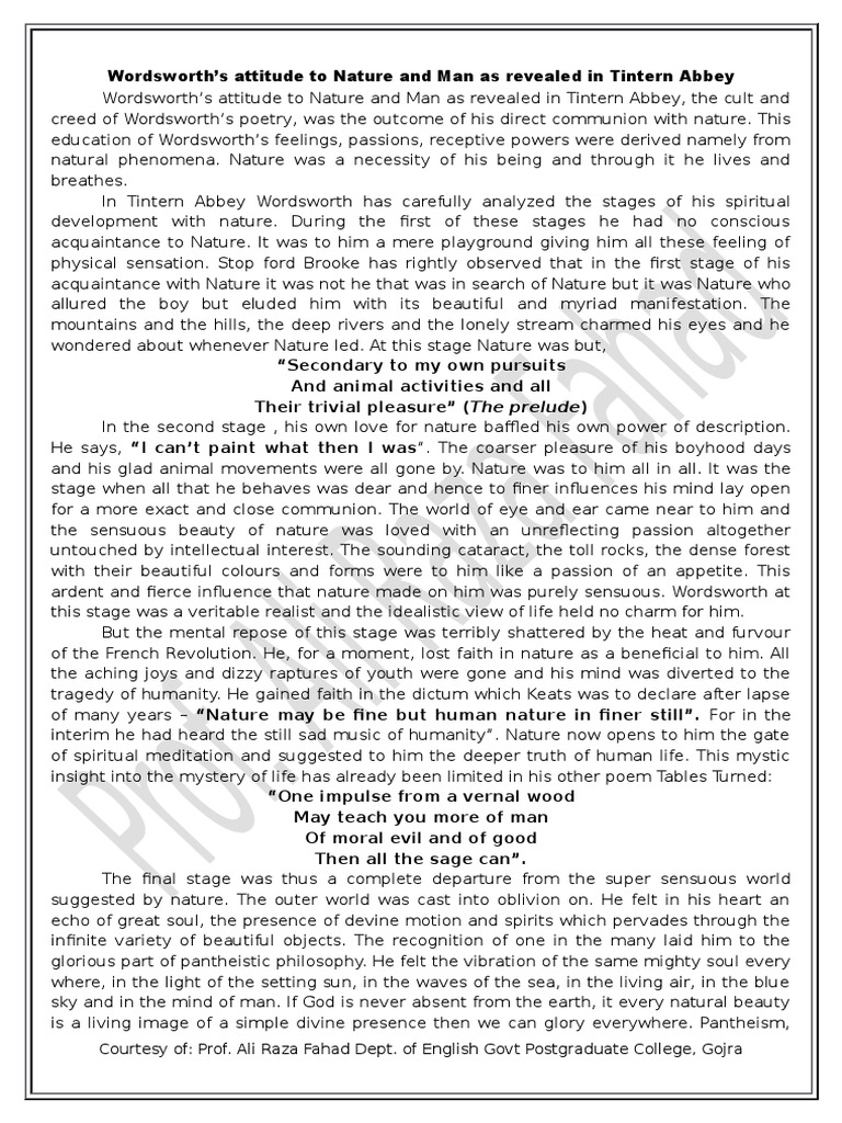 Wordsworth's Attitude To Nature and Man As Revealed in Tintern Abbey ...