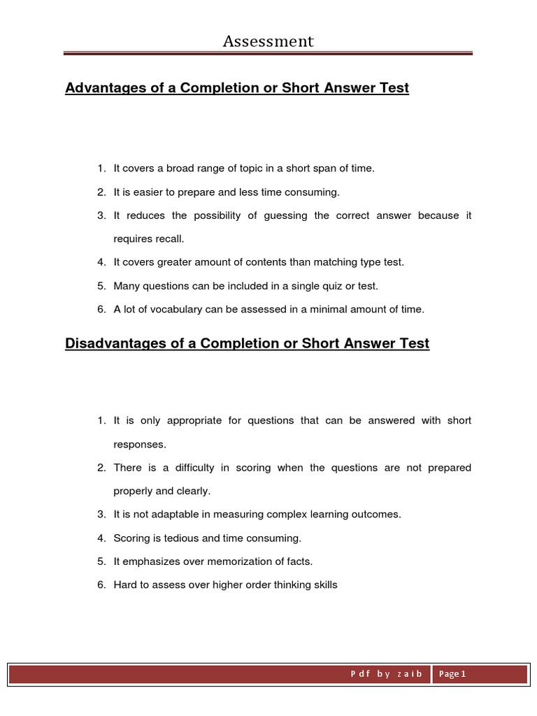 Advantages and Disadvantages of Short Answer Tests | PDF | Career & Growth