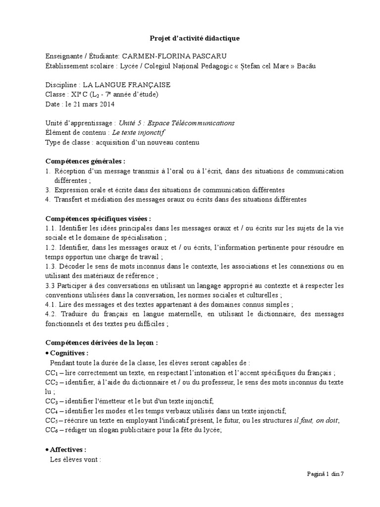 Projet Didactique Cls A XI - Le Texte Injonctif | PDF | Verbe | Phrase