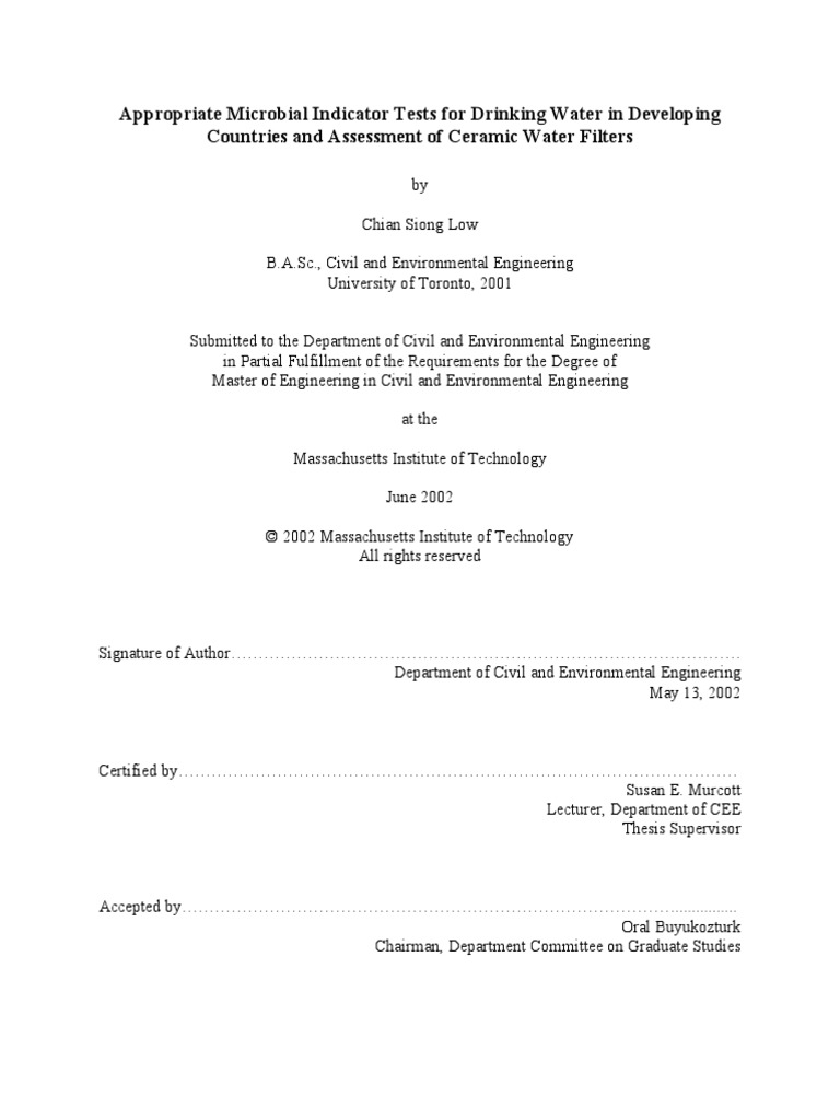 Appropriate Microbial Indicator Tests For Drinking Water in Developing ...