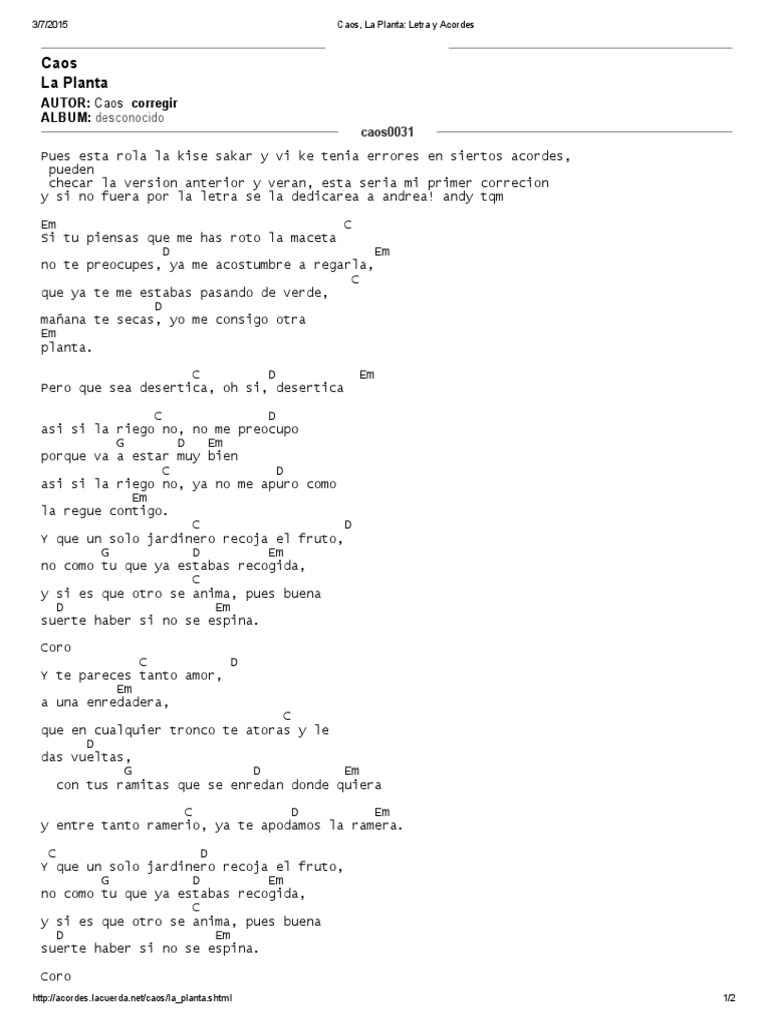 Caos, La Planta - Letra y Acordes PDF | PDF