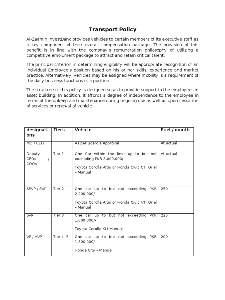Transport Policy: Designati Ons Tiers Vehicle Fuel / Month | PDF ...