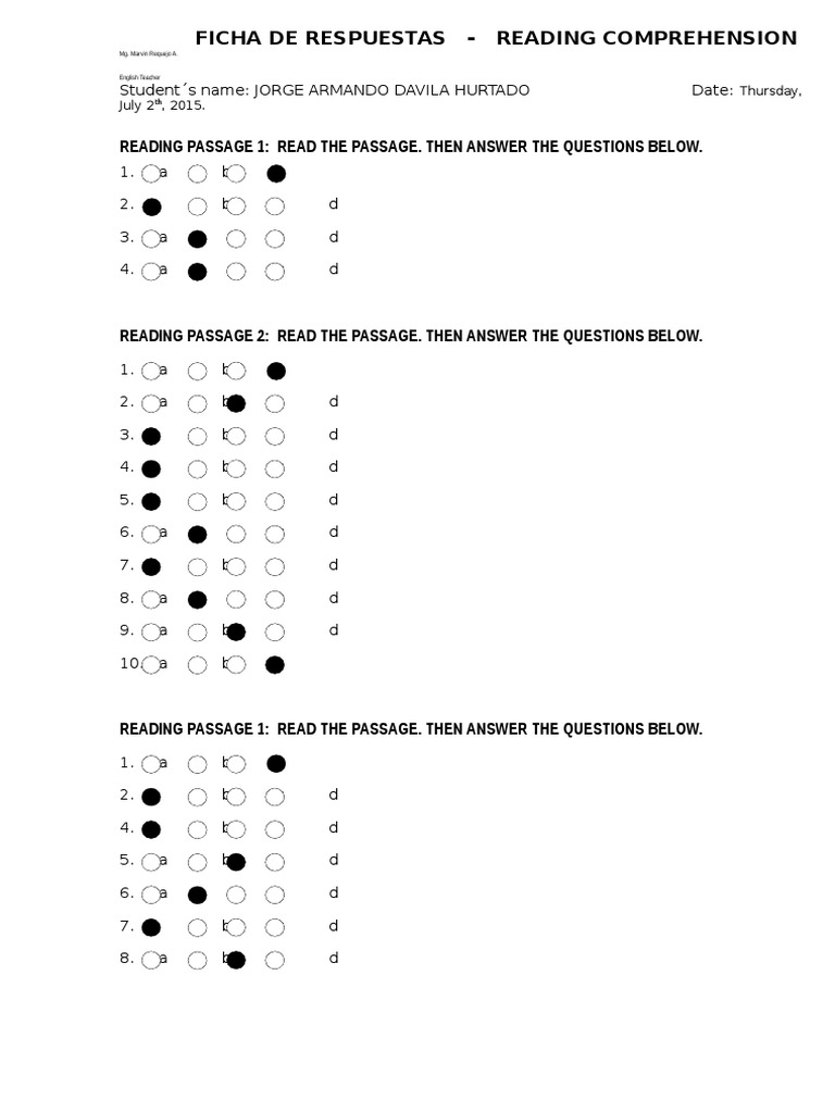 Ficha de Respuestas - Reading Comprehension: Reading Passage 1: Read ...