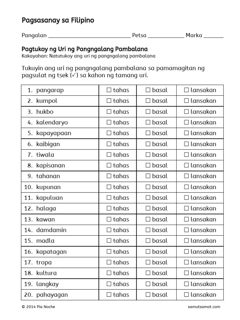 Tahas, Basal, Lansakan Worksheet | PDF