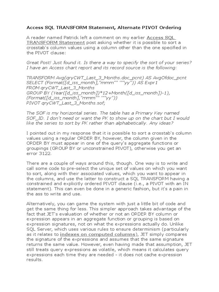 Access SQL Transform Statement | PDF | Sql | Scientific Modeling