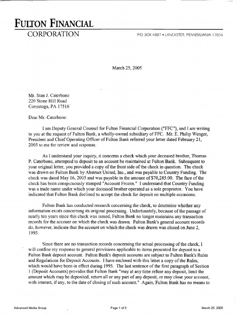 Fulton Bank Letter From Mark Crowe General Counsel March 25 2005 | PDF ...