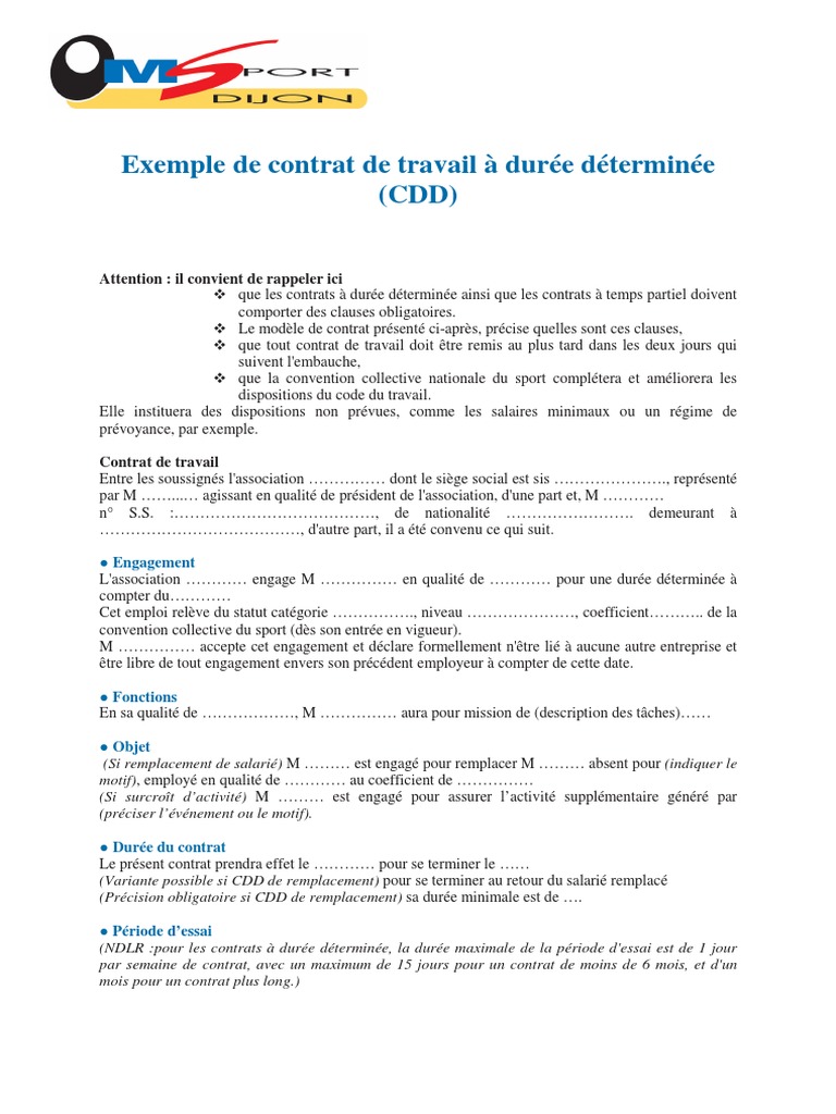 Contrat CDD | PDF | Heures supplémentaires | Congé annuel