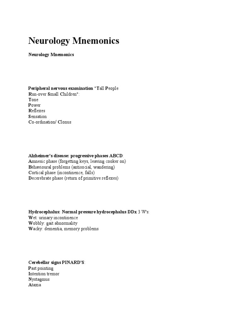 Neurology Mnemonics | PDF | Cerebellum | Auditory System