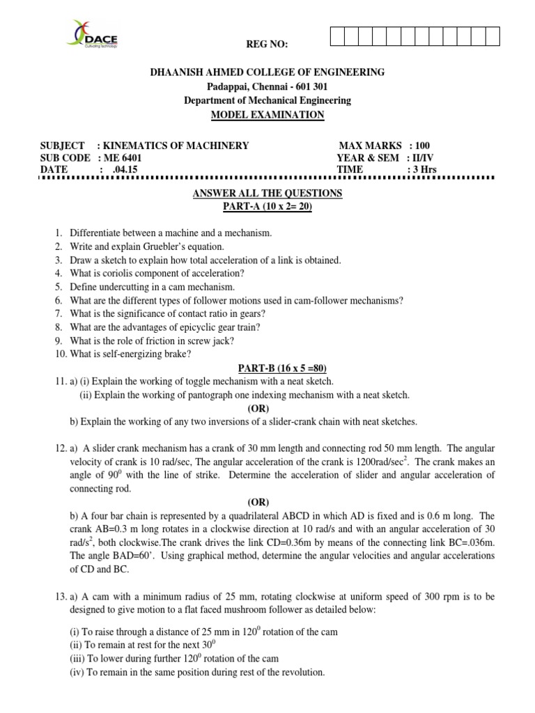 MODEL EXAM QUESTION PAPER Kom Final PDF | PDF | Gear | Belt (Mechanical)
