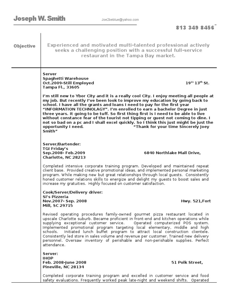 Restaurant Server Resume - Tampa Bay | PDF | Gratuity | Restaurant And ...