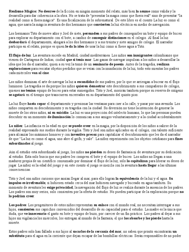 La Luz Es Como El Agua - Lectura - Analisis | PDF | Submarinismo | Ligero