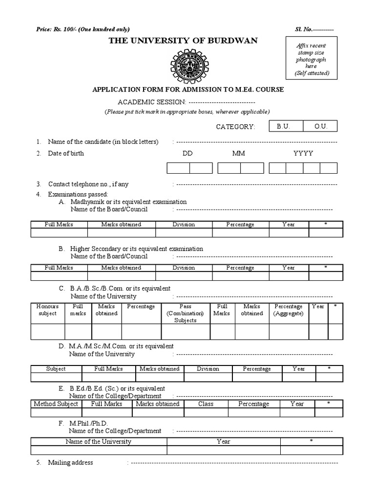 The University of Burdwan: Application Form For Admission To M.Ed ...