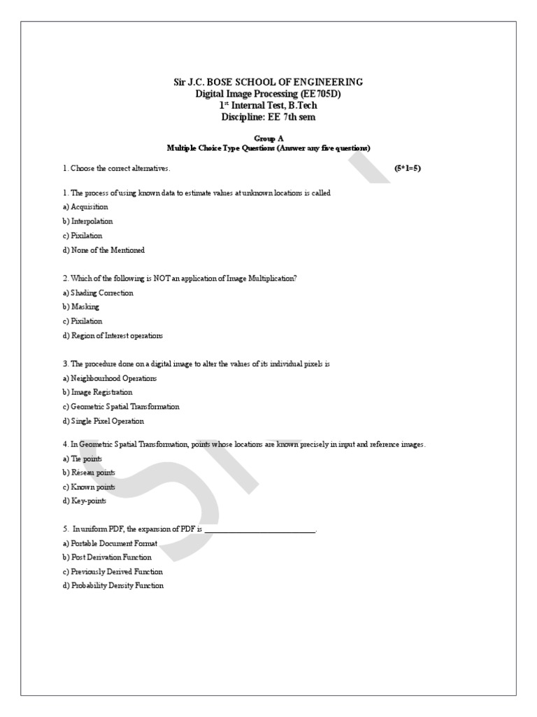 Digital Image Processing Test Questions | PDF