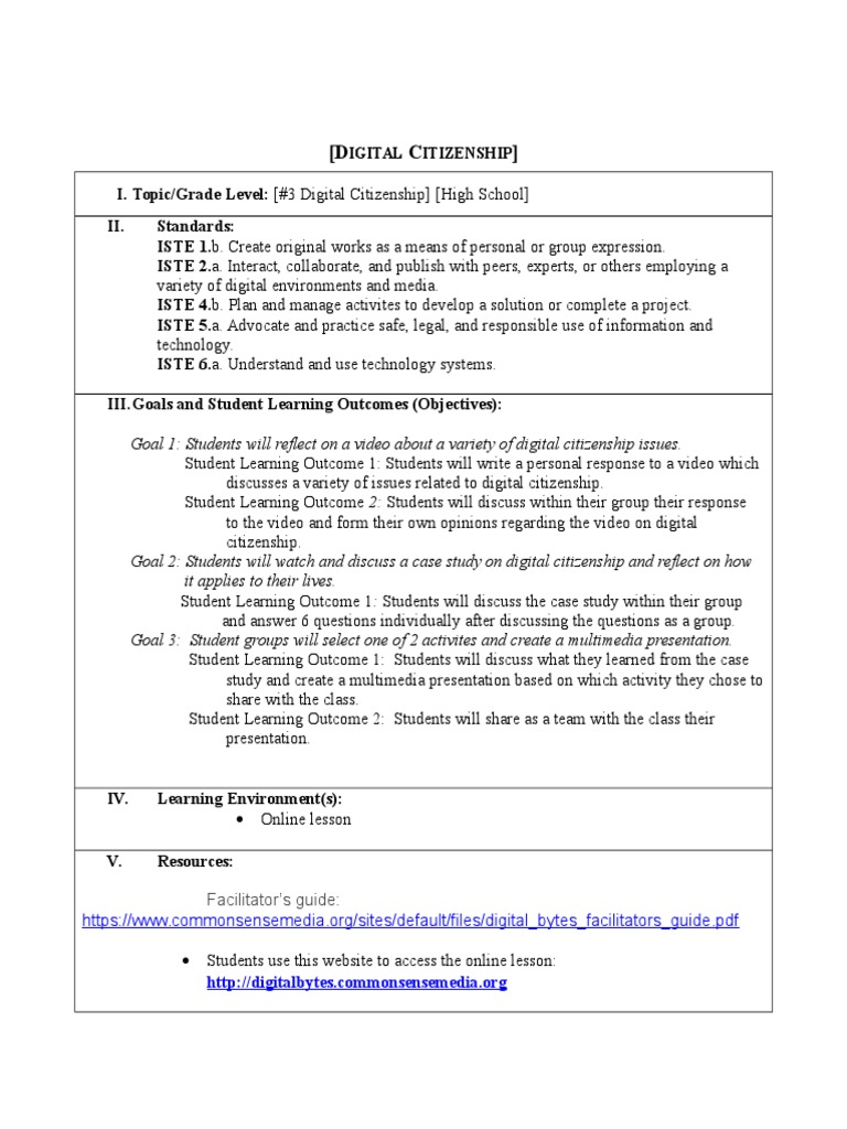 High School Digital Citizenship Lesson Plan | PDF | Educational ...