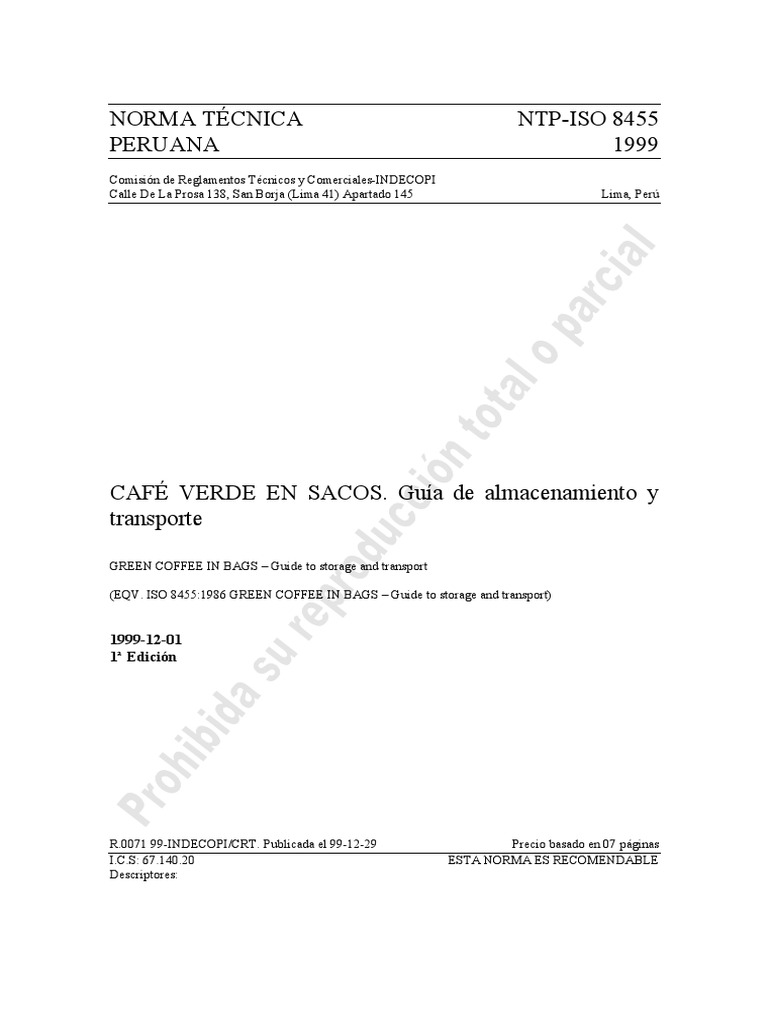 NTP ISO 8455.1999 Cafe Verde en Sacos. Guia de Almacenamiento PDF | PDF | café | Residuos