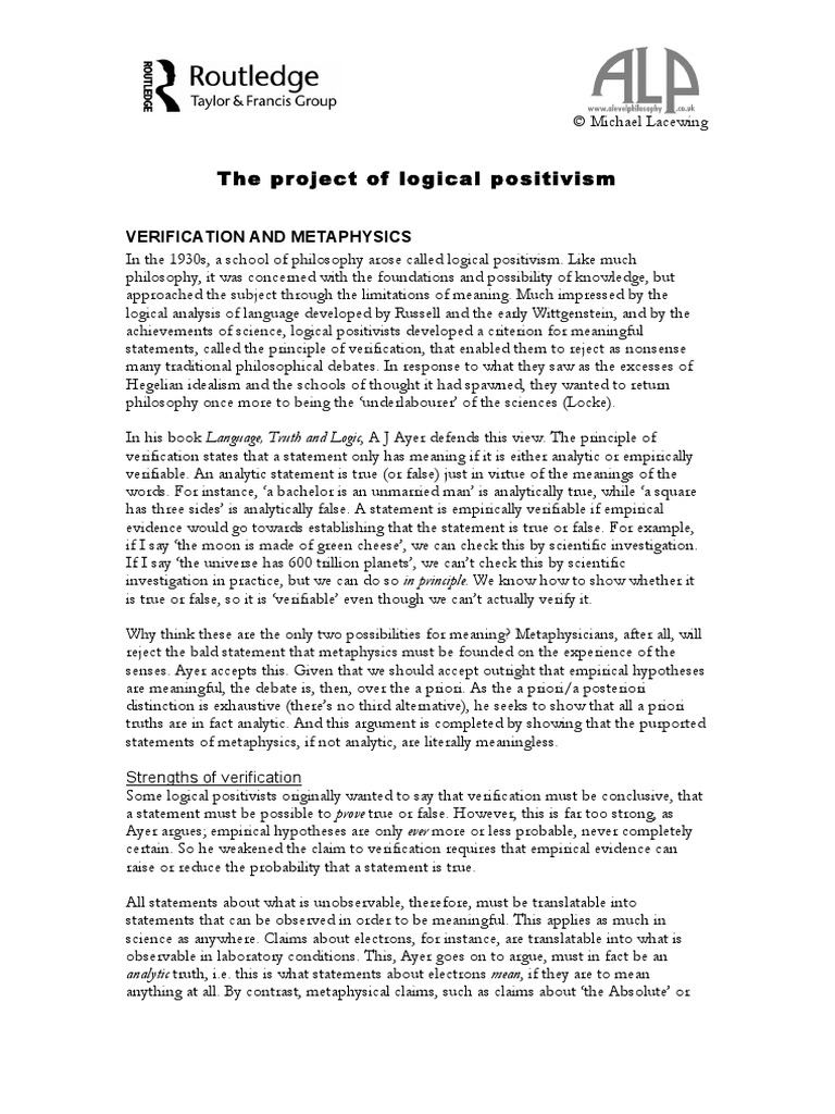 Ayer Project of Logical PositiVism | PDF | A Priori And A Posteriori ...