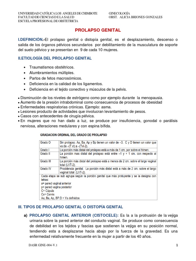 Prolapso Genital: Cistocele y Histerocele | PDF | Especialidades ...