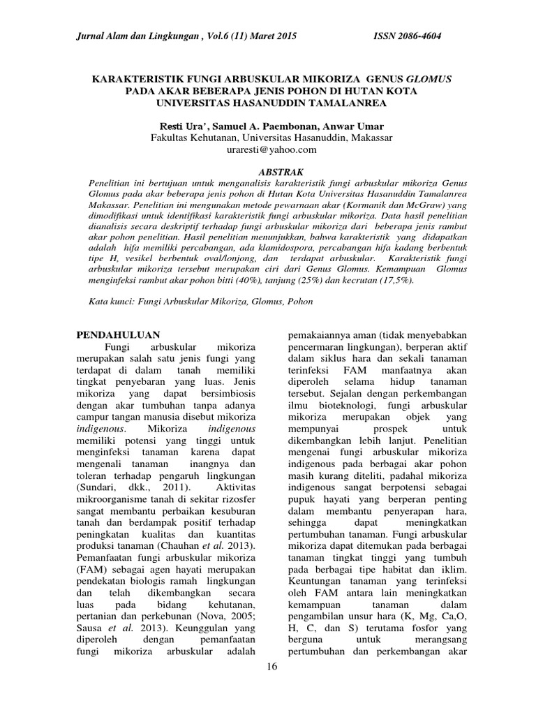 Karakteristik Fungi Arbuskular Mikoriza Genus Glomus Pada Akar Beberapa ...