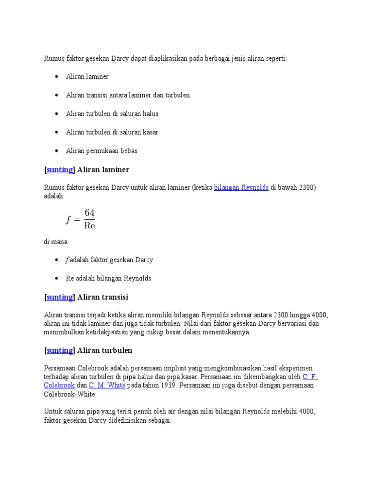 Rumus Faktor Gesekan Darcy Dapat Diaplikasikan Pada Berbagai Jenis ...