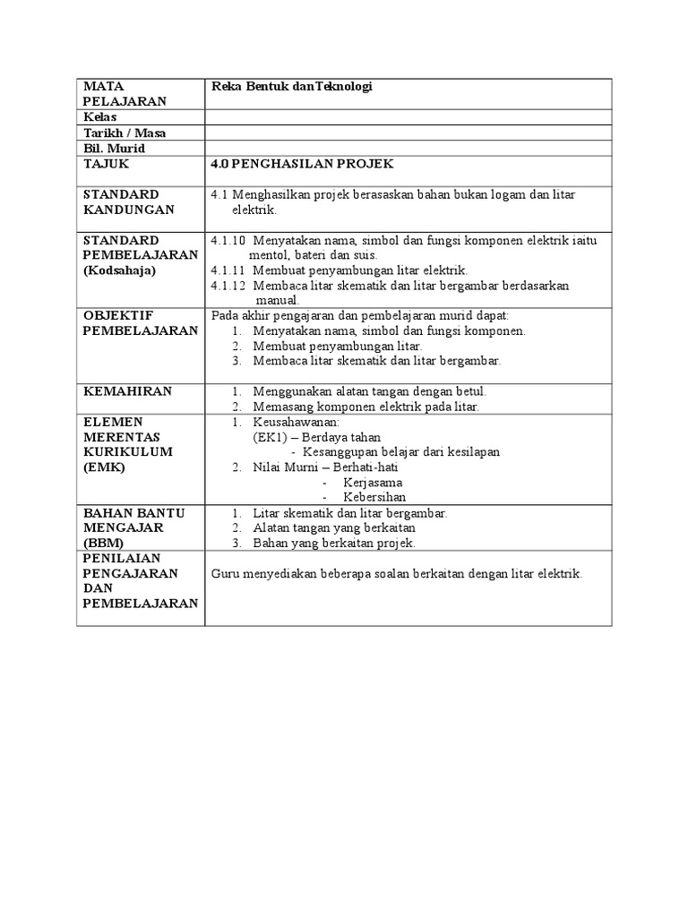 Format RPH RBT Tahun 4 - Elektrik & Elektronik | PDF