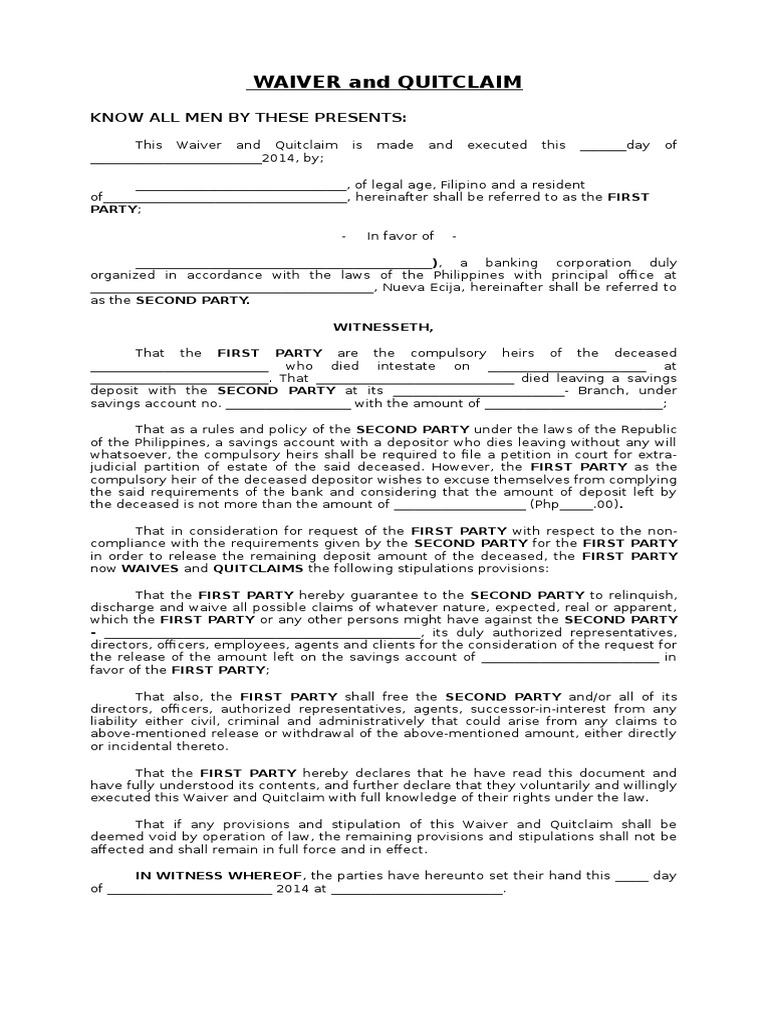 Waiver Quitclaim - Sample Draft | PDF | Waiver | Private Law