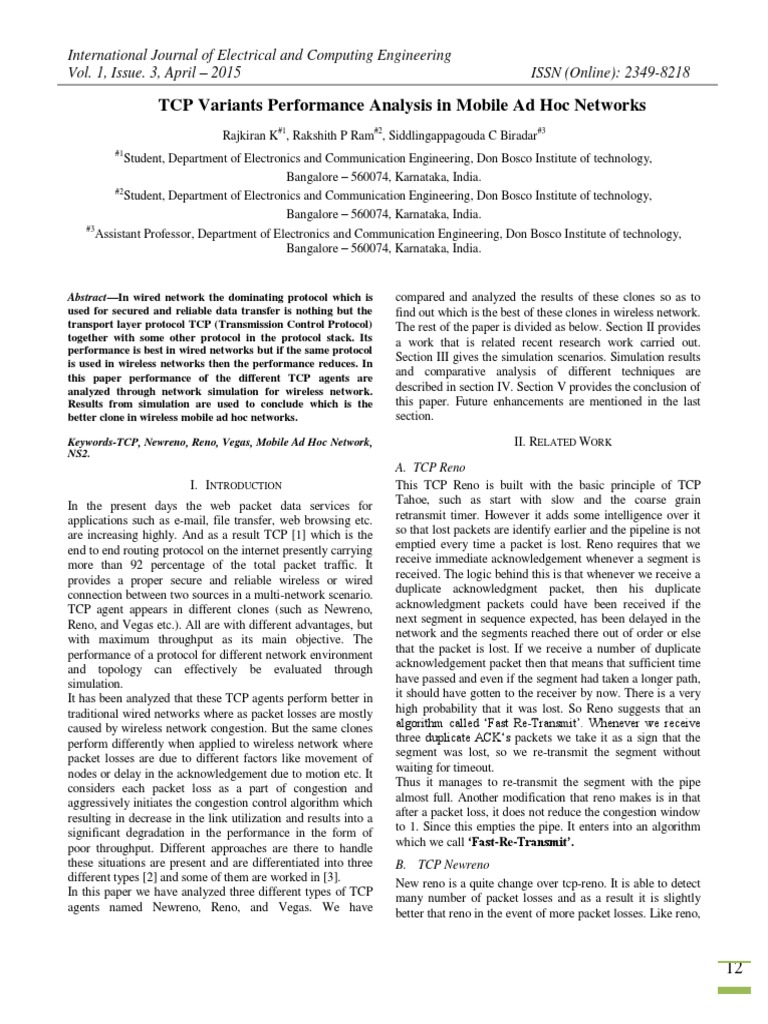 Tcp Variants Performance Analysis In Mobile Ad Hoc Networks Pdf Transmission Control