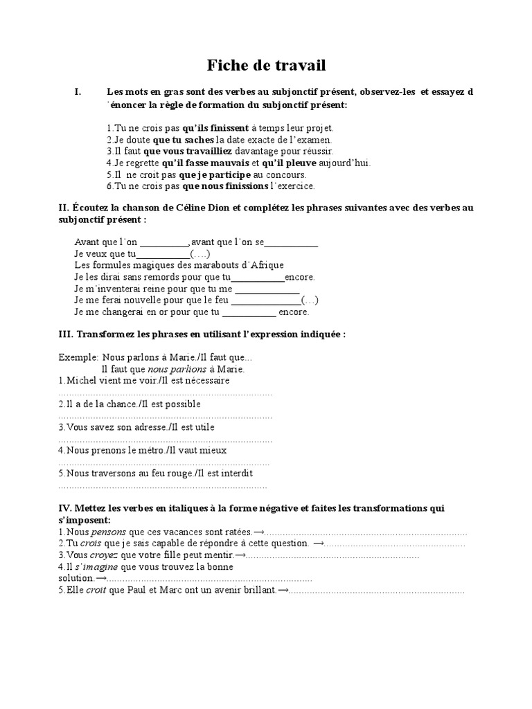 Exercices sur le subjonctif présent | PDF | Verbe | Linguistique