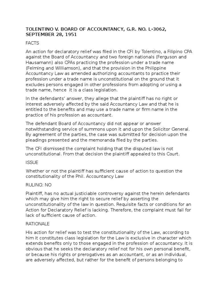 Tolentino v. Board of Accountancy - Cause of Action | PDF | Declaratory ...