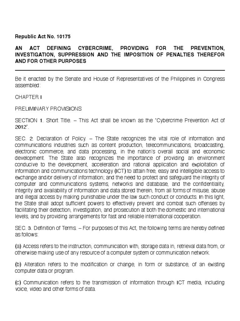 RA-Republic Act No. 10175 | Online Safety & Privacy | Securities