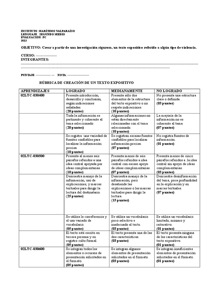 Rúbrica de Texto Expositivo | PDF
