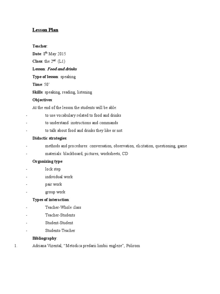 Food and Drinks Lesson Plan | PDF | Menu | Lesson Plan