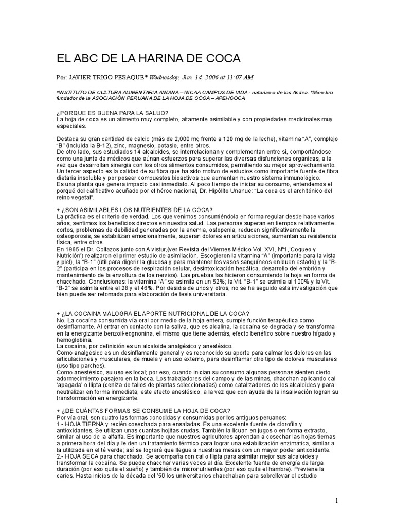 Beneficios y uso de la harina de coca | PDF | Cocaína | Fibra dietética
