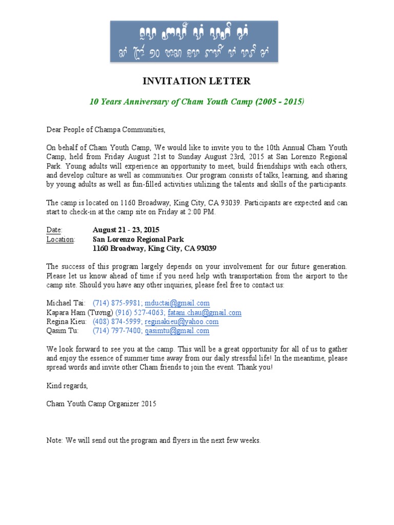 Cham Youth Camp - Invitation Letter | PDF | Latin Alphabet | Sans Serif ...