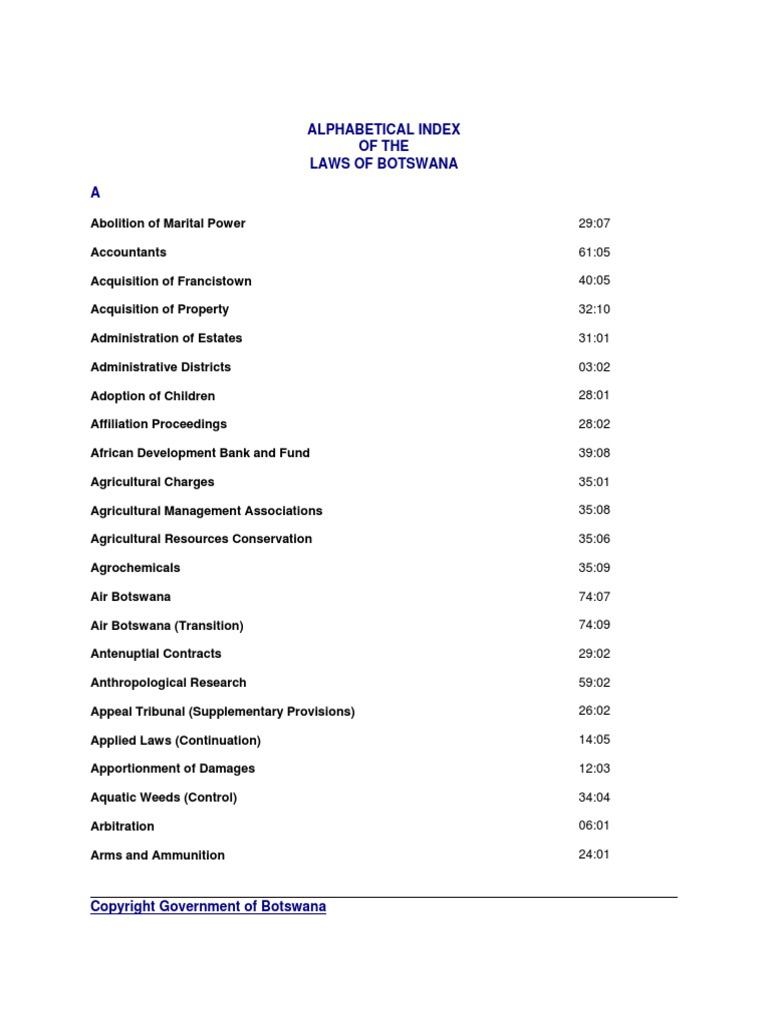 Alphabetical Index of The Laws of Botswana | PDF | Botswana | Pension