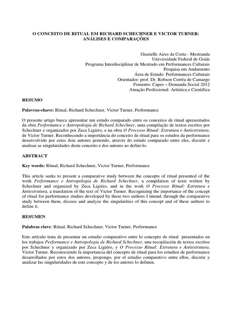 O CONCEITO DE RITUAL EM RICHARD SCHECHNER E VICTOR TURNER (Artigo Revisado) PDF | PDF | Rituais ...