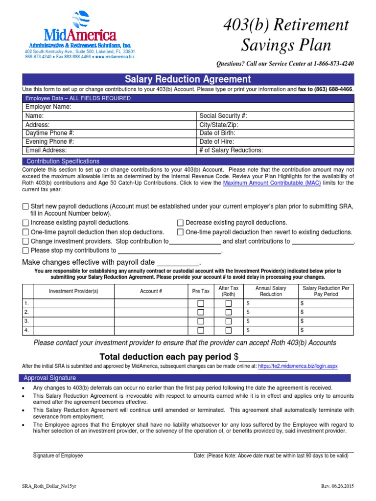 403 (B) Retirement Savings Plan: Salary Reduction Agreement | PDF ...