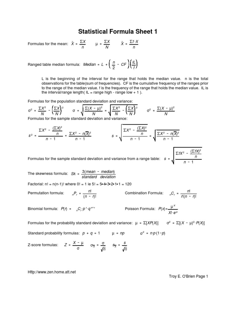 Statistical Formula Sheet 1: X X N X N X F X N | PDF | Median | Variance