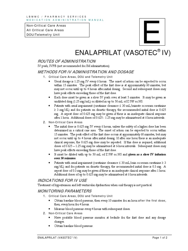 Enalaprilat (Vasotec IV) : Routes of Administration Methods For Iv ...