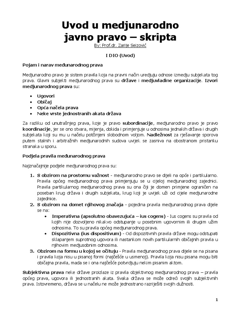 Uvod U Medjunarodno Javno Pravo - (Skripta) Kraća | PDF