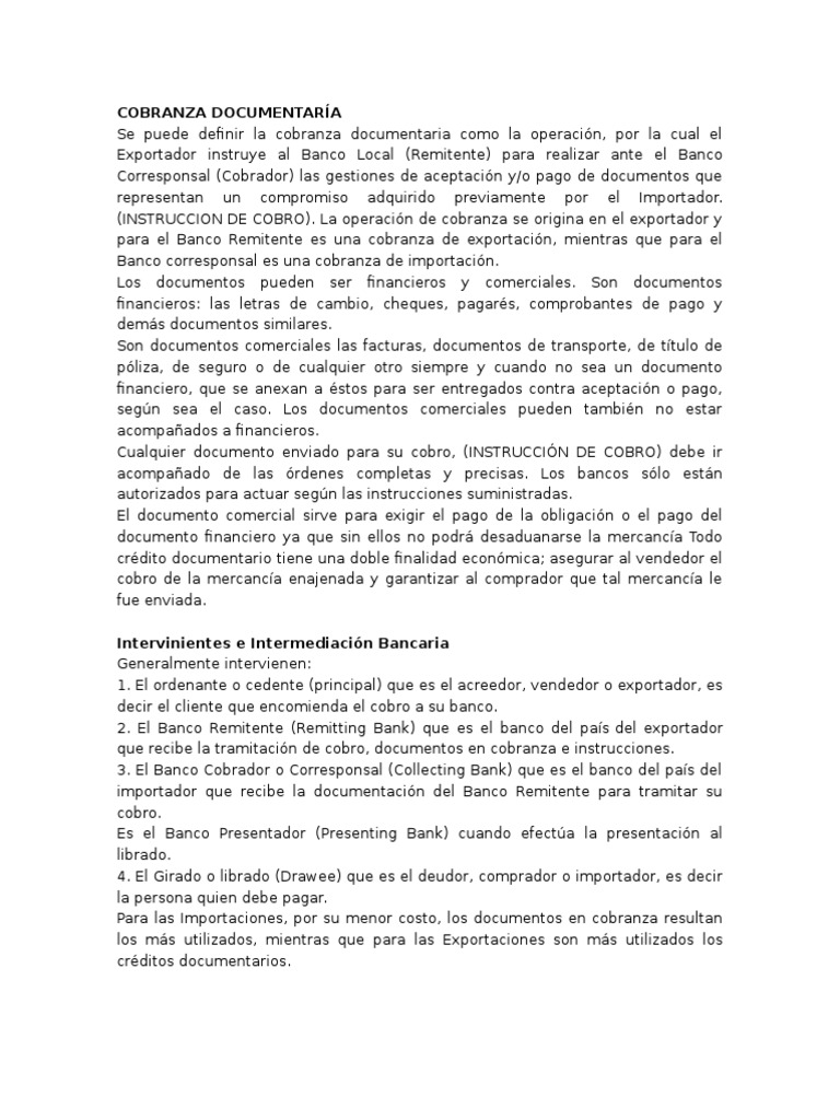 Cobranza Documentaria Y Preguntas Pdf Carta De Crédito Bancos
