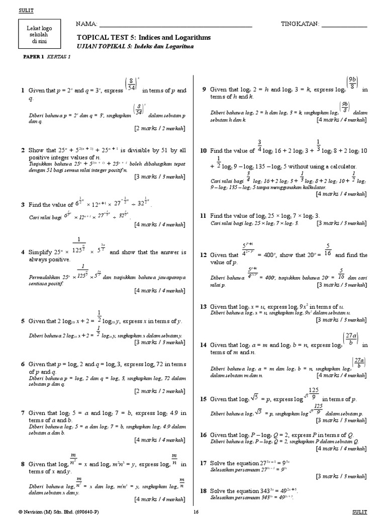 Add Maths F4 Topical Test 5 (BL) | PDF