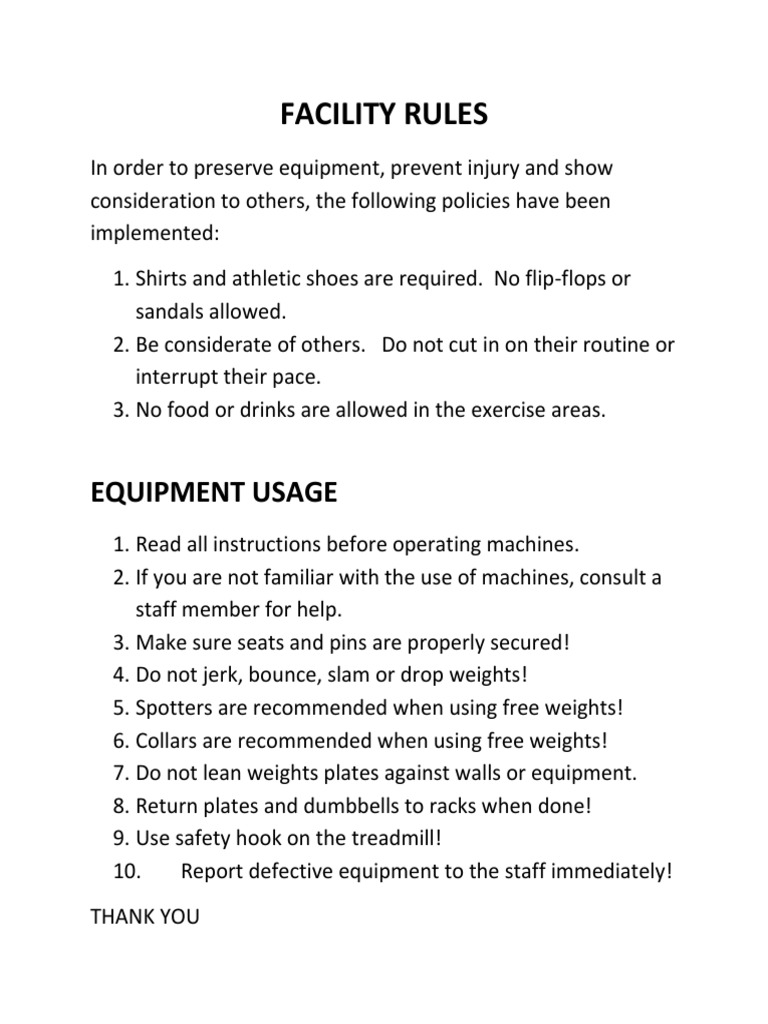 Essential Facility Rules and Equipment Use | PDF