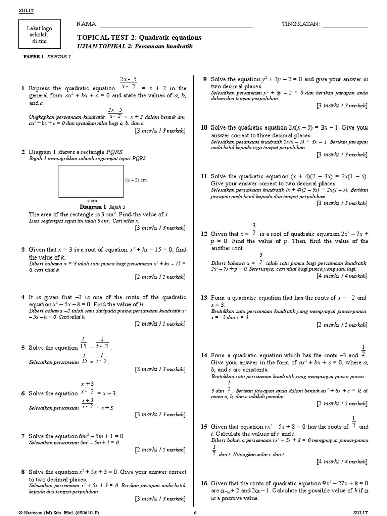 Add Maths F4 Topical Test 2 (BL) | PDF | Quadratic Equation ...