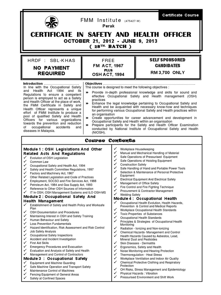 Certificate in Safety and Health Officer: FMM Institute | PDF ...