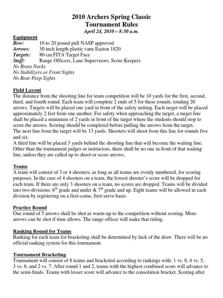 2010 Archers Spring Classic Rules | PDF | Archery | Projectiles