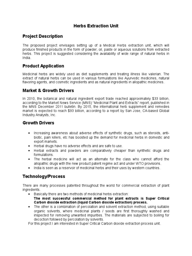 Herbs Extraction Unit Project Description | PDF