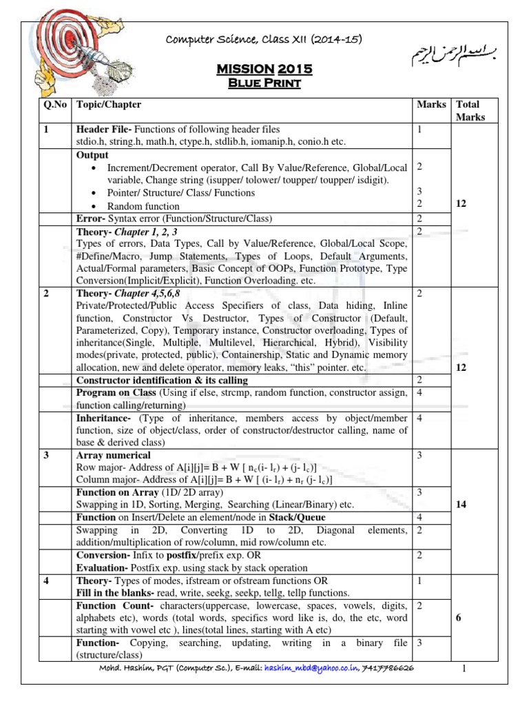 Computer Science, Class XII (2014-15) : MISSION 2015 Blue Print | PDF | Constructor (Object ...