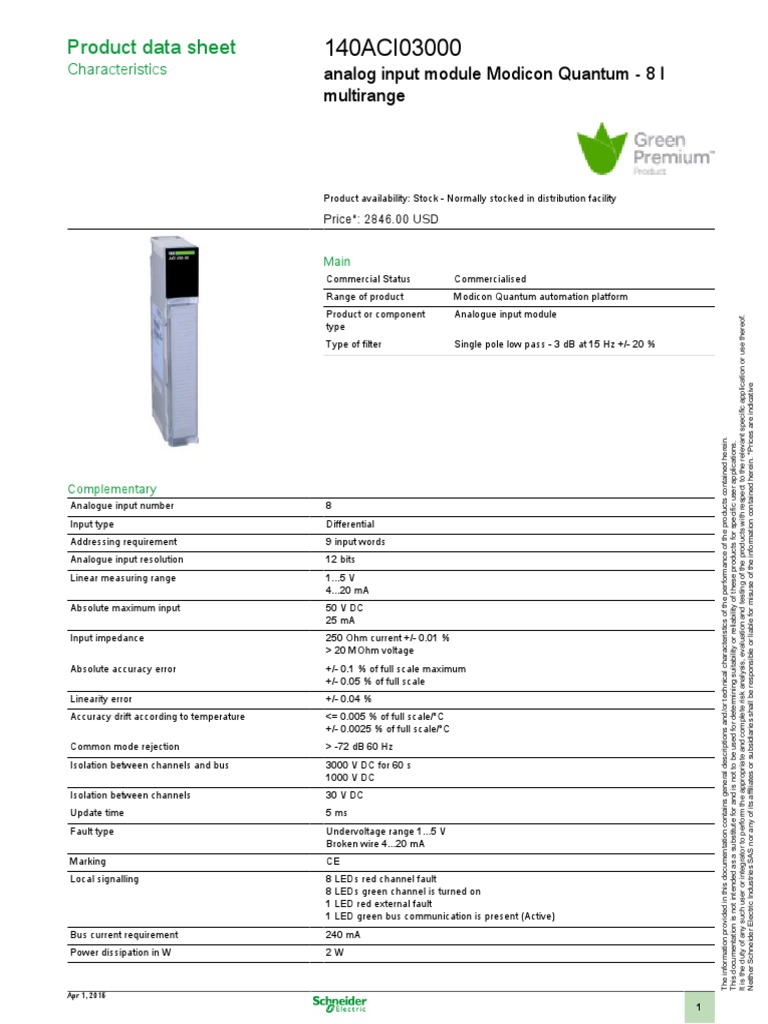 Product Data Sheet: Analog Input Module Modicon Quantum - 8 I ...